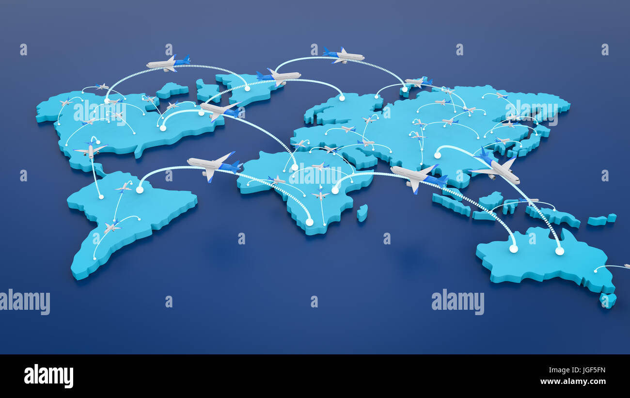3D rendering itinerario di volo con la mappa del mondo Foto stock - Alamy