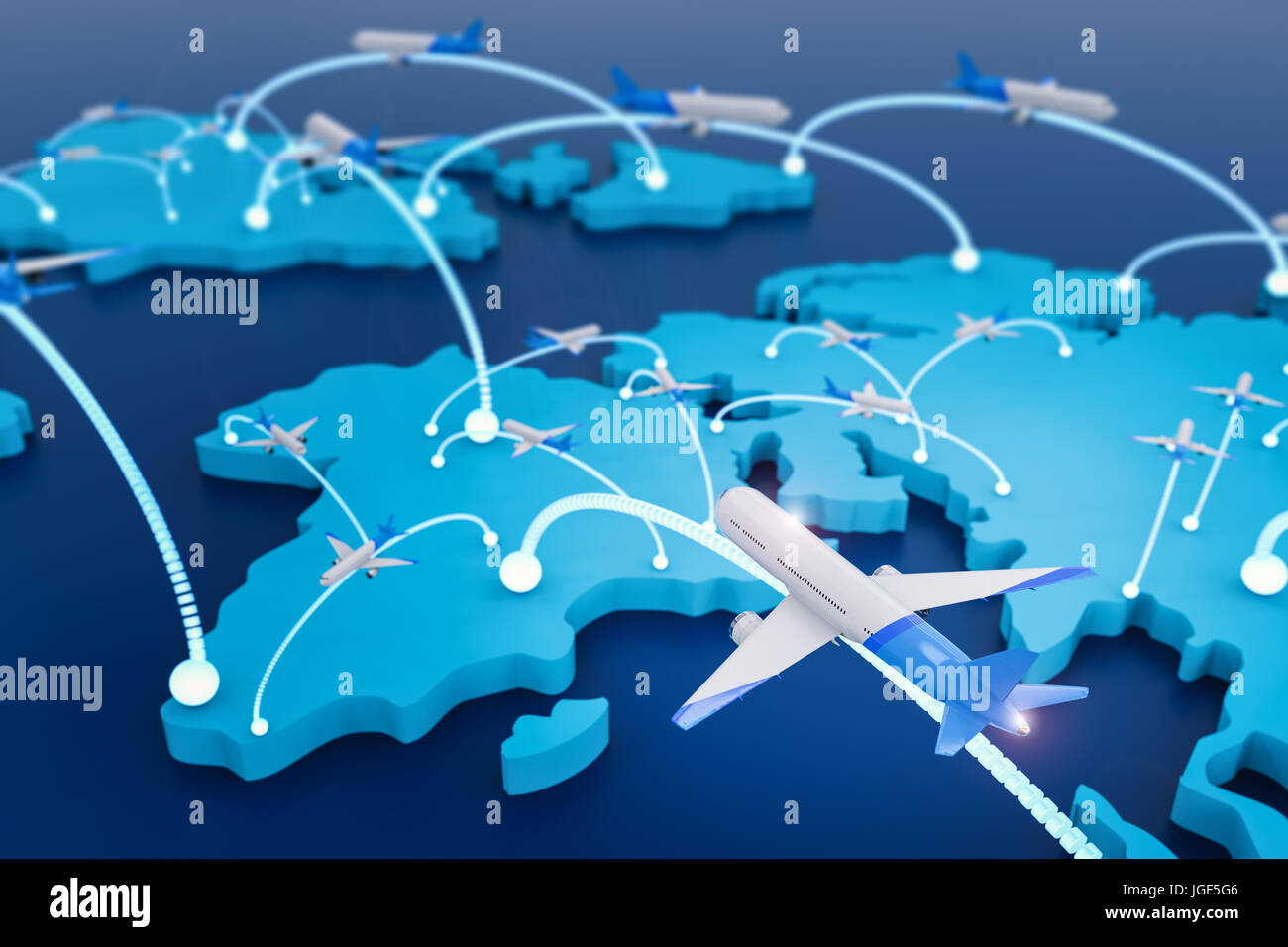 3D rendering itinerario di volo con la mappa del mondo Foto stock - Alamy