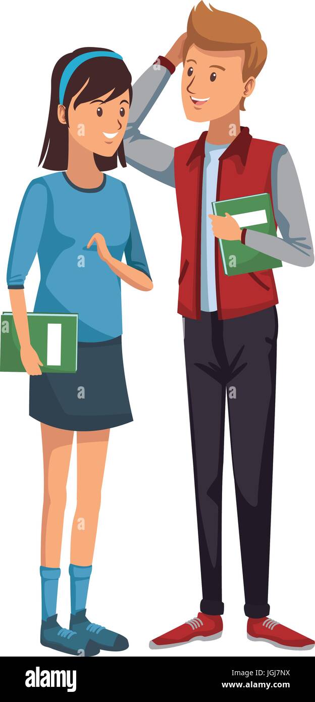 Gli studenti universitari con libri in stile cartoon maschio e femmina ...