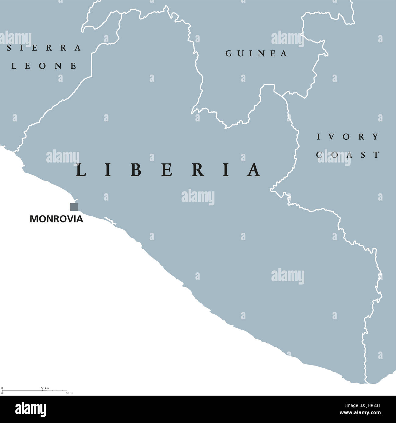 Liberia mappa politico con capitale Monrovia e i confini internazionali ...