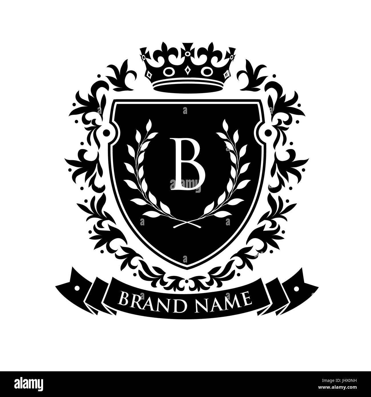 Emblema araldico scudo con corona e la corona di alloro. Rivestire i ...