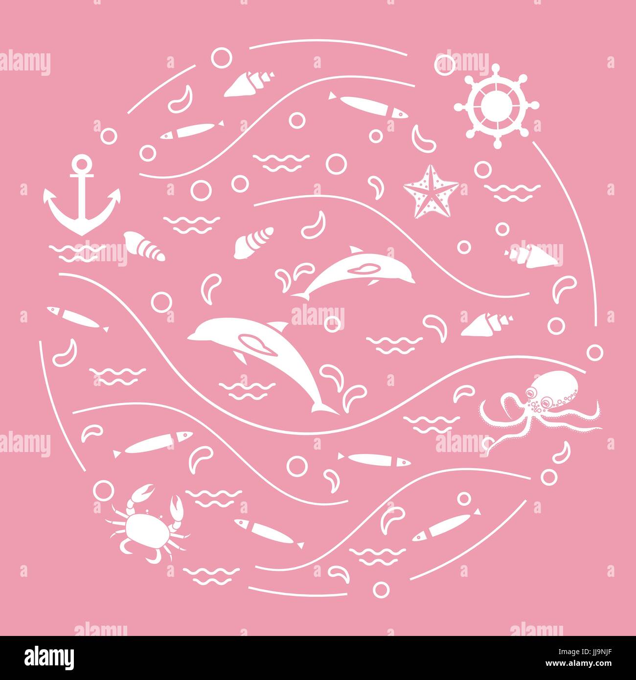 Carino illustrazione vettoriale con i delfini, polpi, pesce, ancoraggio ...