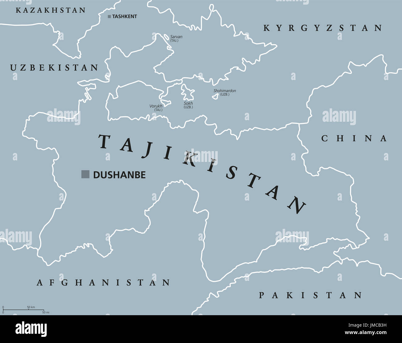 Tagikistan mappa politico con capitale Dushanbe e frontiere. Repubblica ...
