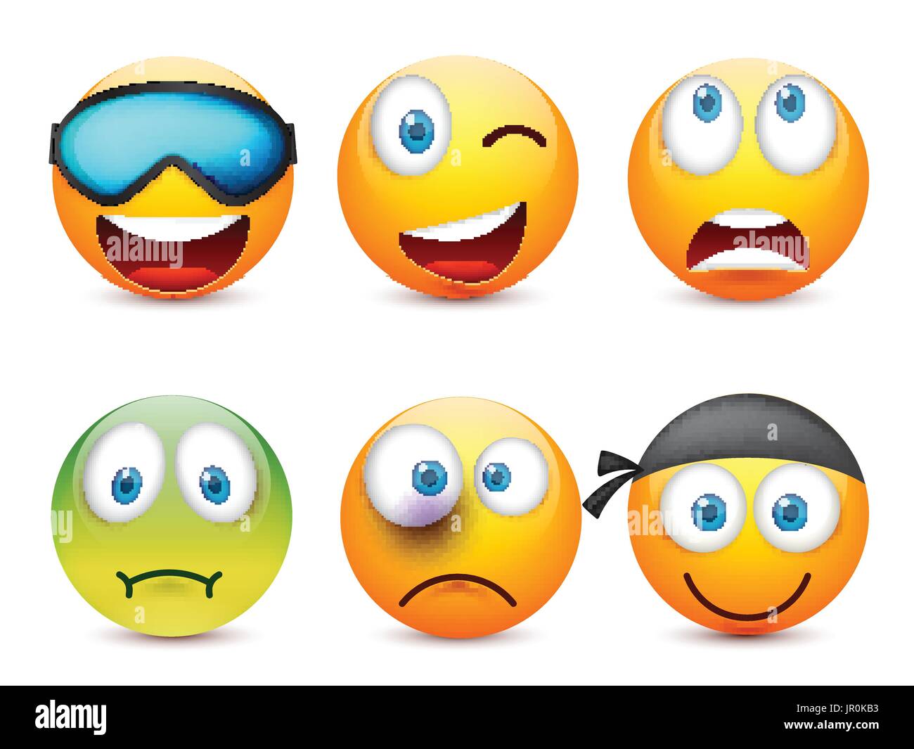 Faccina con gli occhi blu,set di emoticon. Faccia gialla con le ...