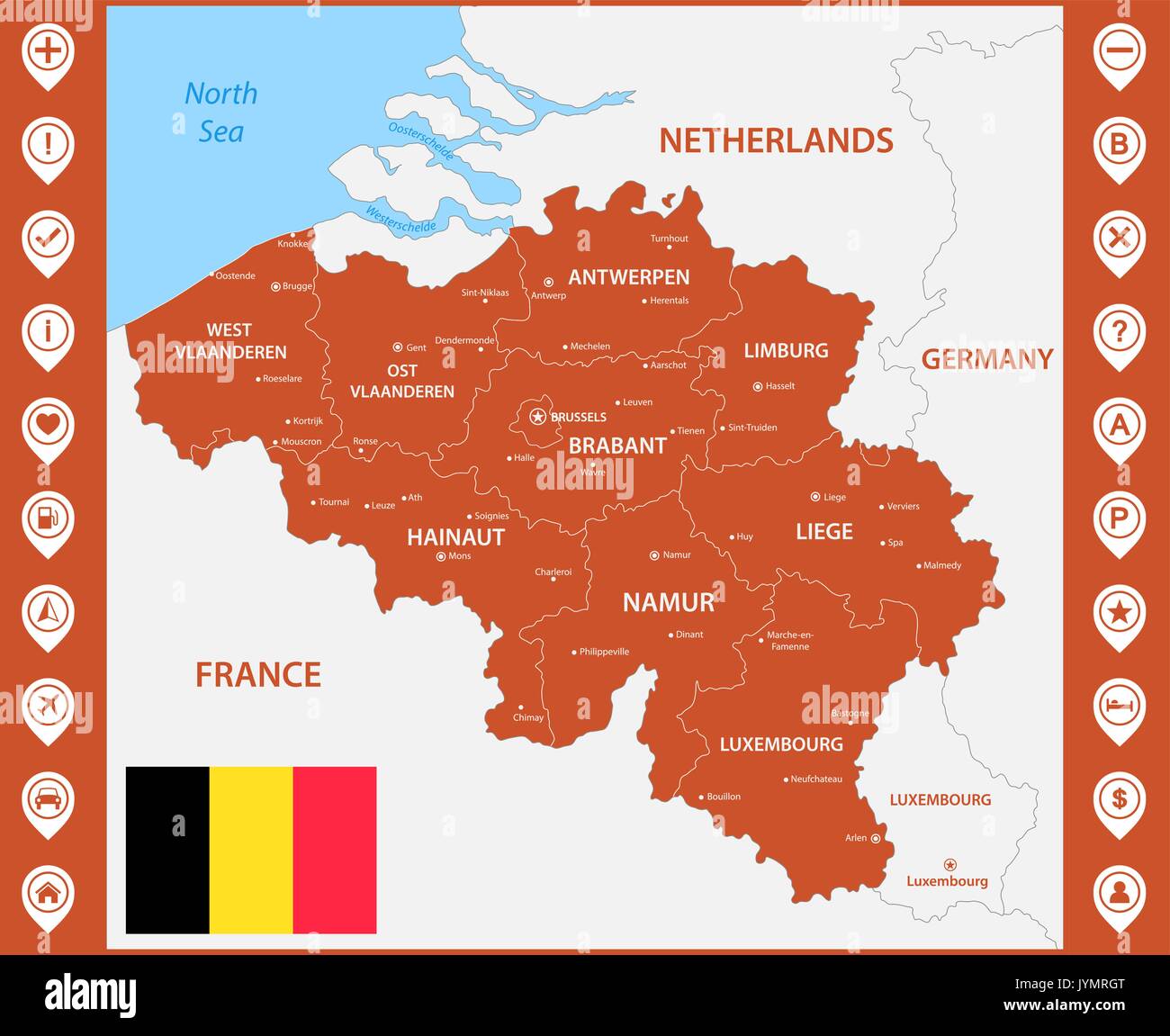 La mappa dettagliata del Belgio con le regioni o gli stati e le città ...