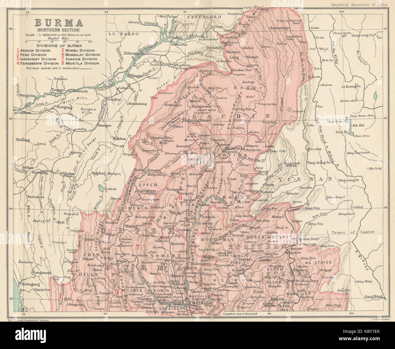 Mappa della Birmania (sezione nord) dal Dizionario geografico Imperiale ...