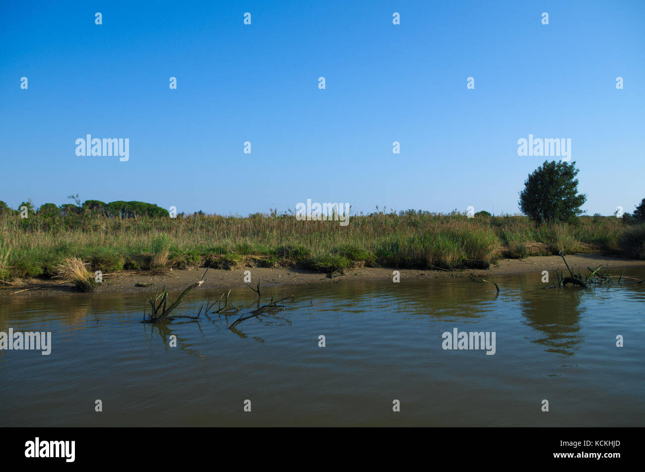 Vista di uno dei canali del delta del fiume Po in prossimità del mare ...