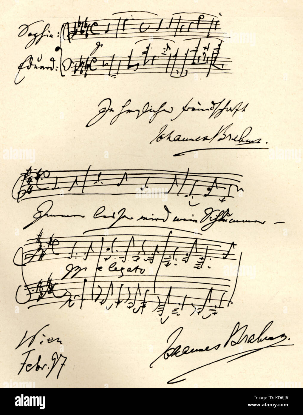 Johannes Brahms, autografato musicale nota di Promemoria con firma ...