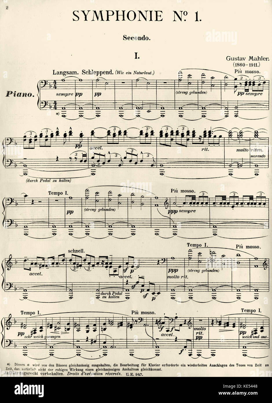 Gustav Mahler Sinfonia n. 1 in re maggiore. La prima pagina del punteggio per il Secondo Piano ...