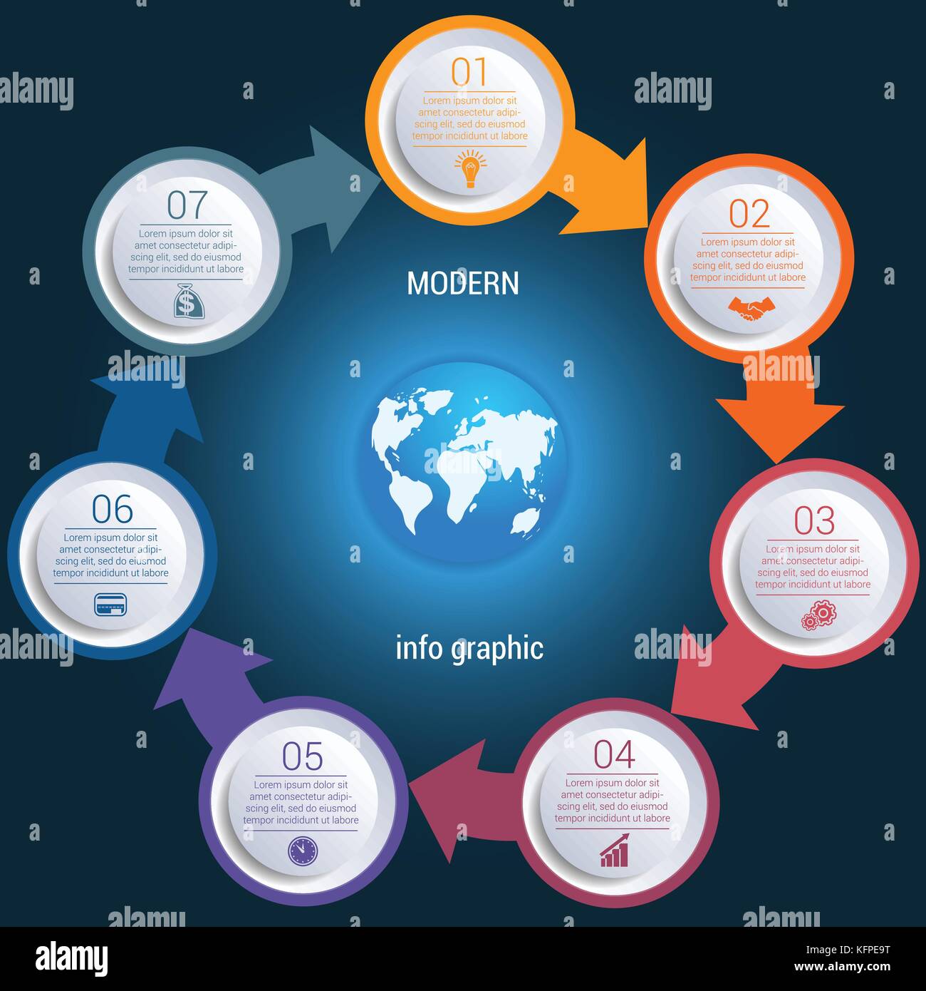Cicli frecce Infografica 7 posizioni silhouette rotonda della mappa ...