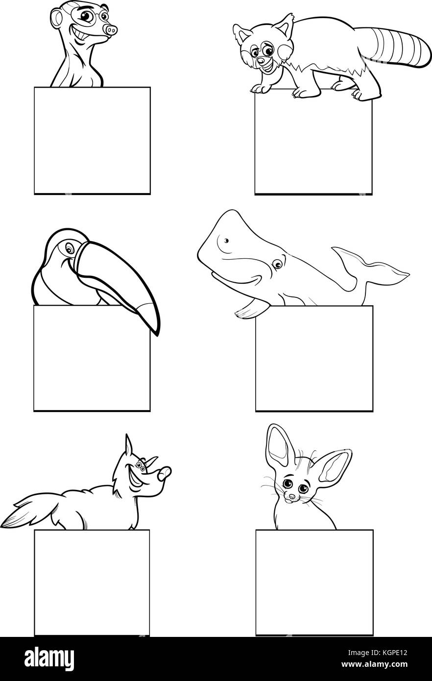 Bianco e nero cartoon illustrazione degli animali con banner bianco o ...