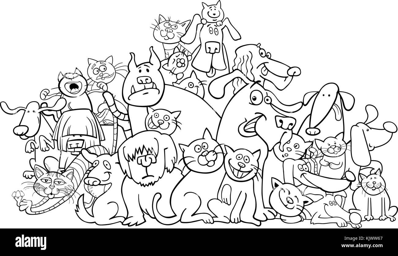 Bianco e nero cartoon illustrazione di simpatici cani e gatti gruppo di ...