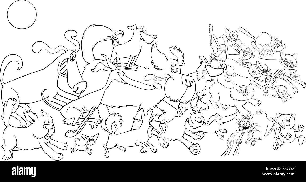 Bianco e nero cartoon illustrazione di divertenti in esecuzione i cani ...