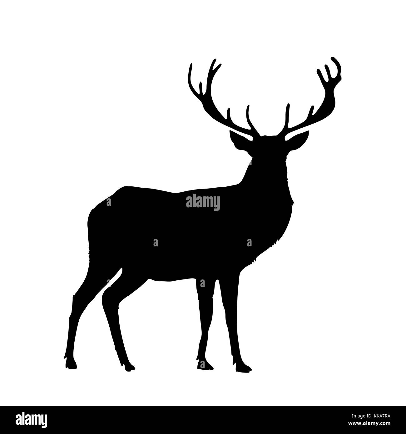 Silhouette nera di renne con grandi corna isolati su sfondo bianco ...