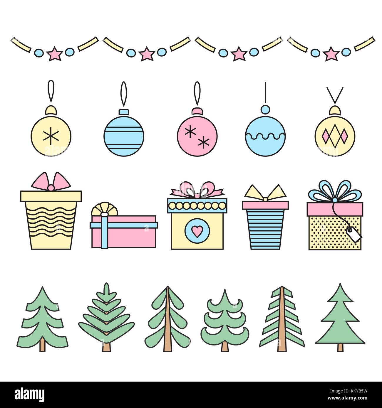 Impostare la linea arte simboli di natale . alberi , le sfere , i ...