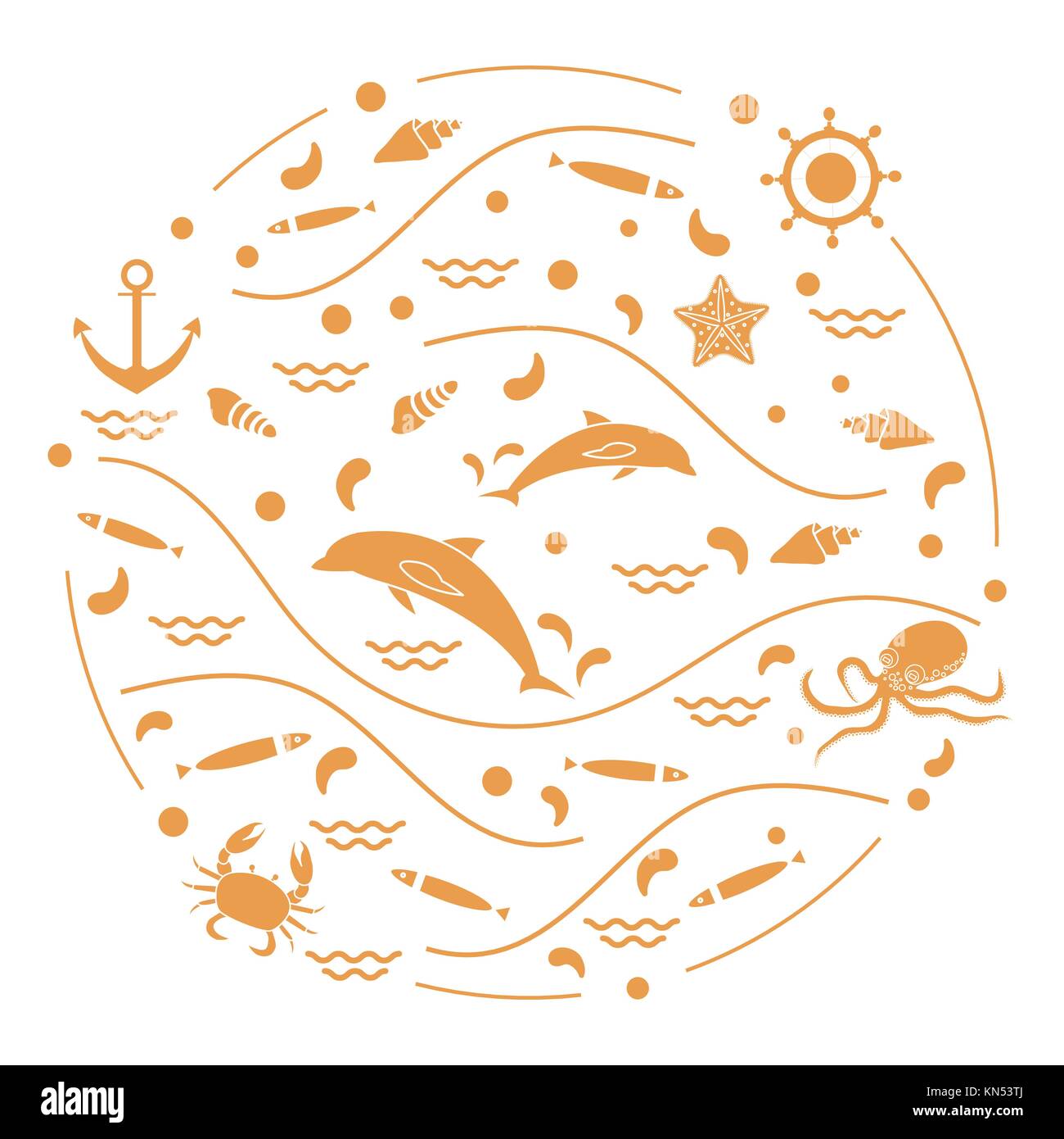 Carino illustrazione vettoriale con i delfini, polpi, pesce, ancoraggio ...