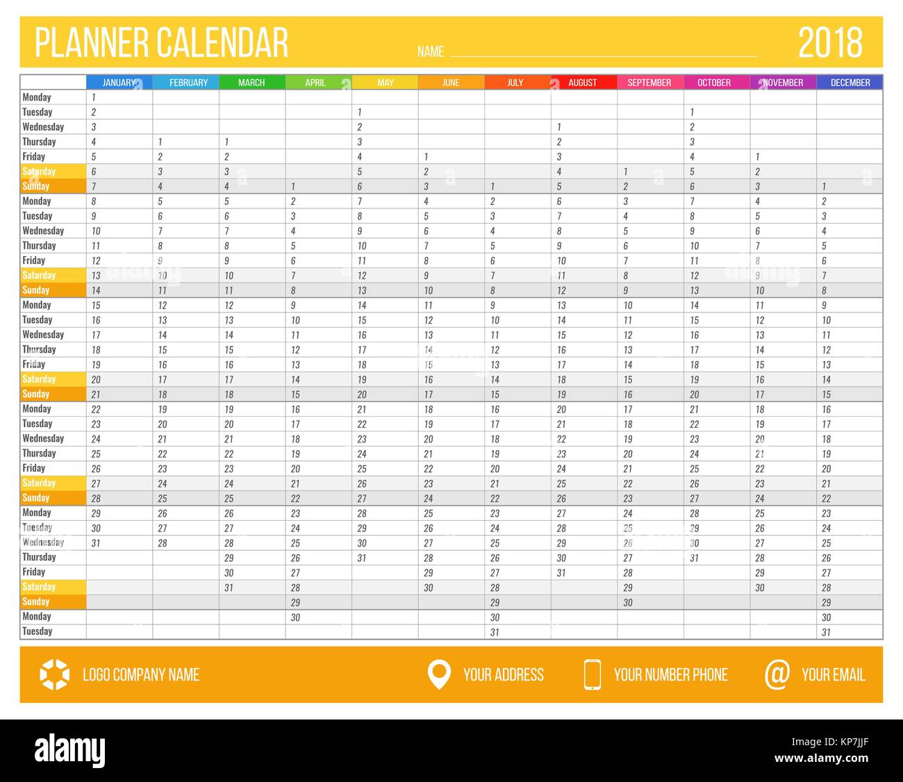 Calendario inglese planner per l'anno 2018. Dodici mesi, corporate ...