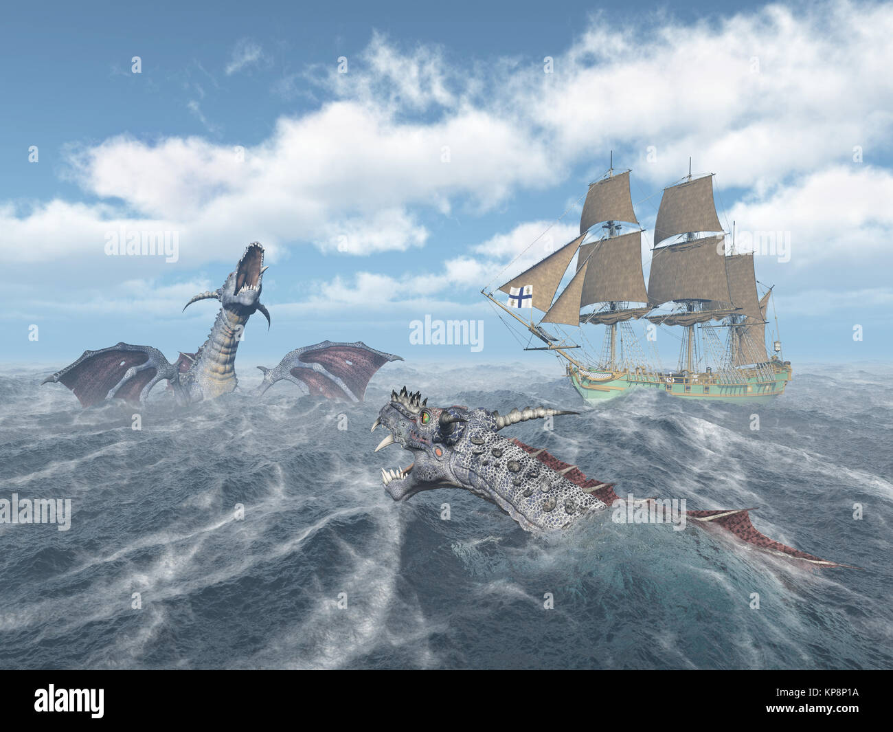 Il mostro marino e nave a vela in mare in tempesta Foto stock - Alamy
