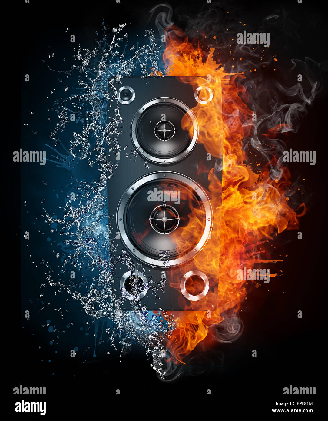 Altoparlante sul fuoco e acqua isolati su sfondo nero. Grafica 2D ...