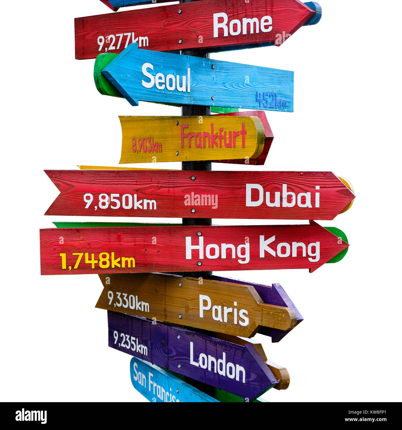 Cartello in legno che indica le direzioni dei 9 continenti del mondo su ...