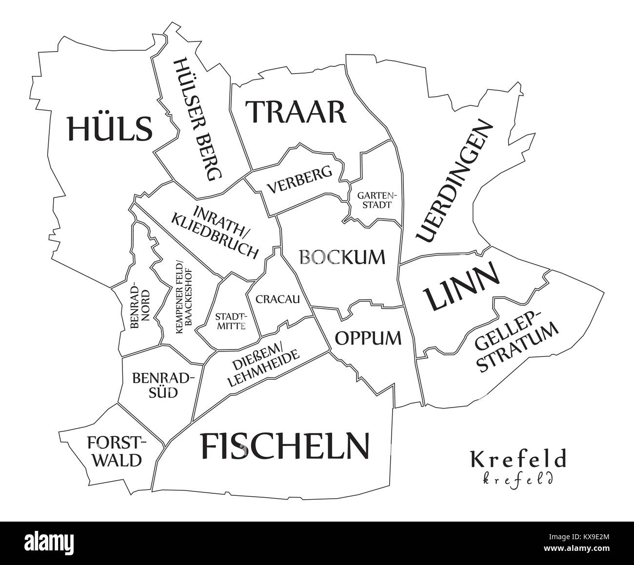 Città moderna mappa - Krefeld città della Germania con comuni e titoli ...