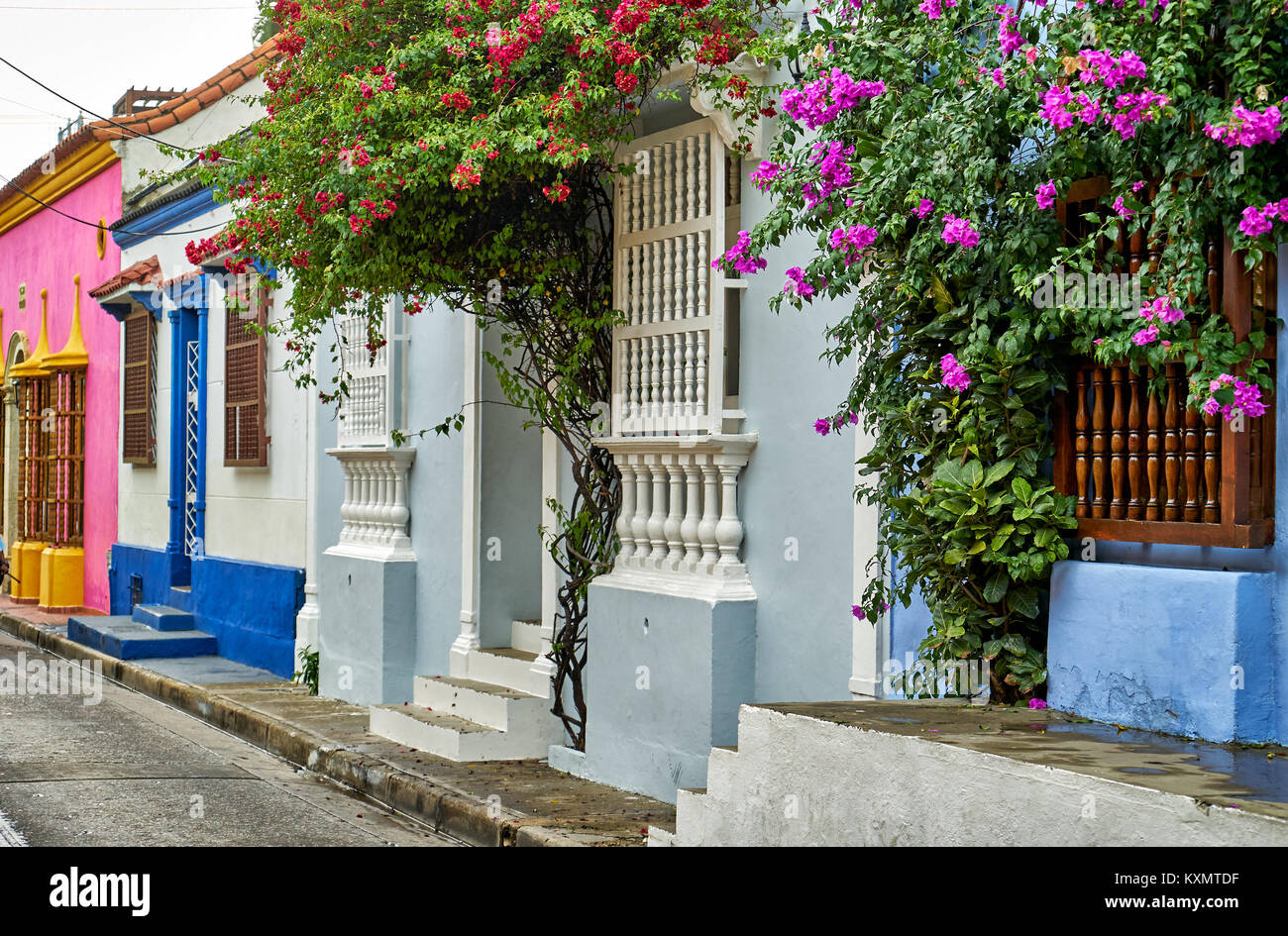 Tipiche facciate colorate con fiori di case a Cartagena de Indias ...