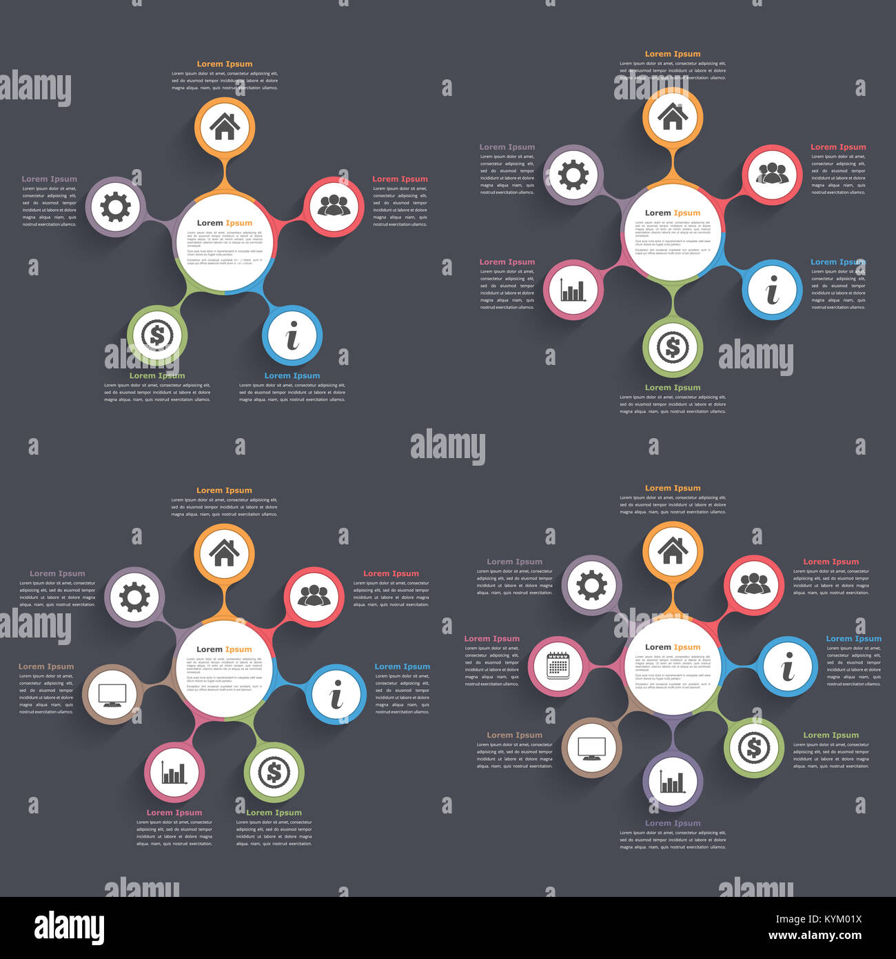Schema circolare infographics con cinque, sei, sette e otto elementi ...