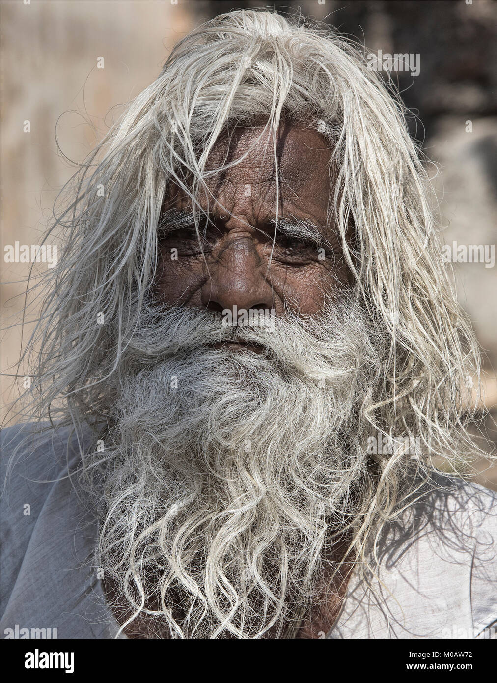 Vecchio baba con i capelli bianchi e la barba, Pushkar, Rajasthan ...