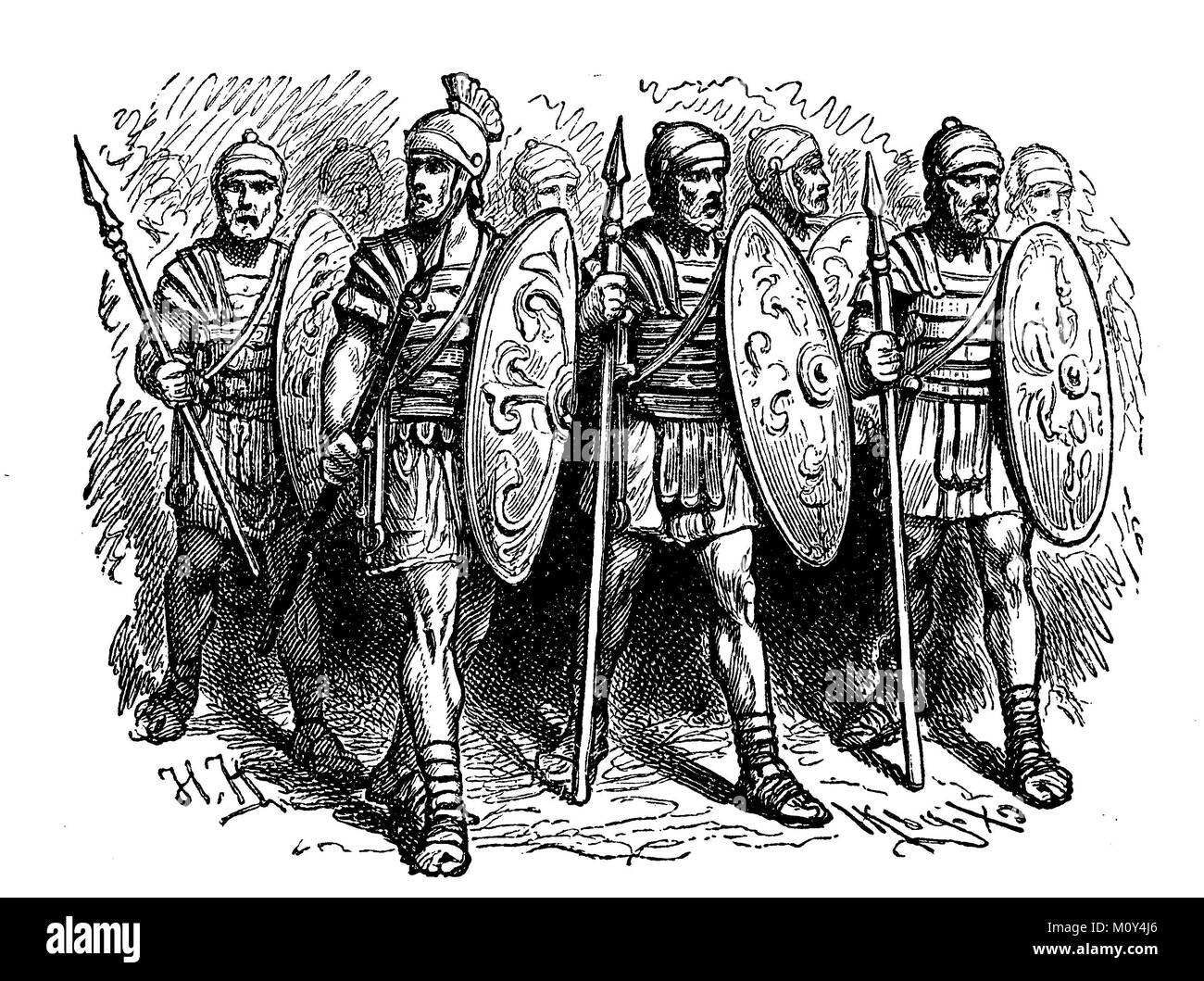 Legione romana soldati con pilum, spada corta e scudo, rappresentazione ...