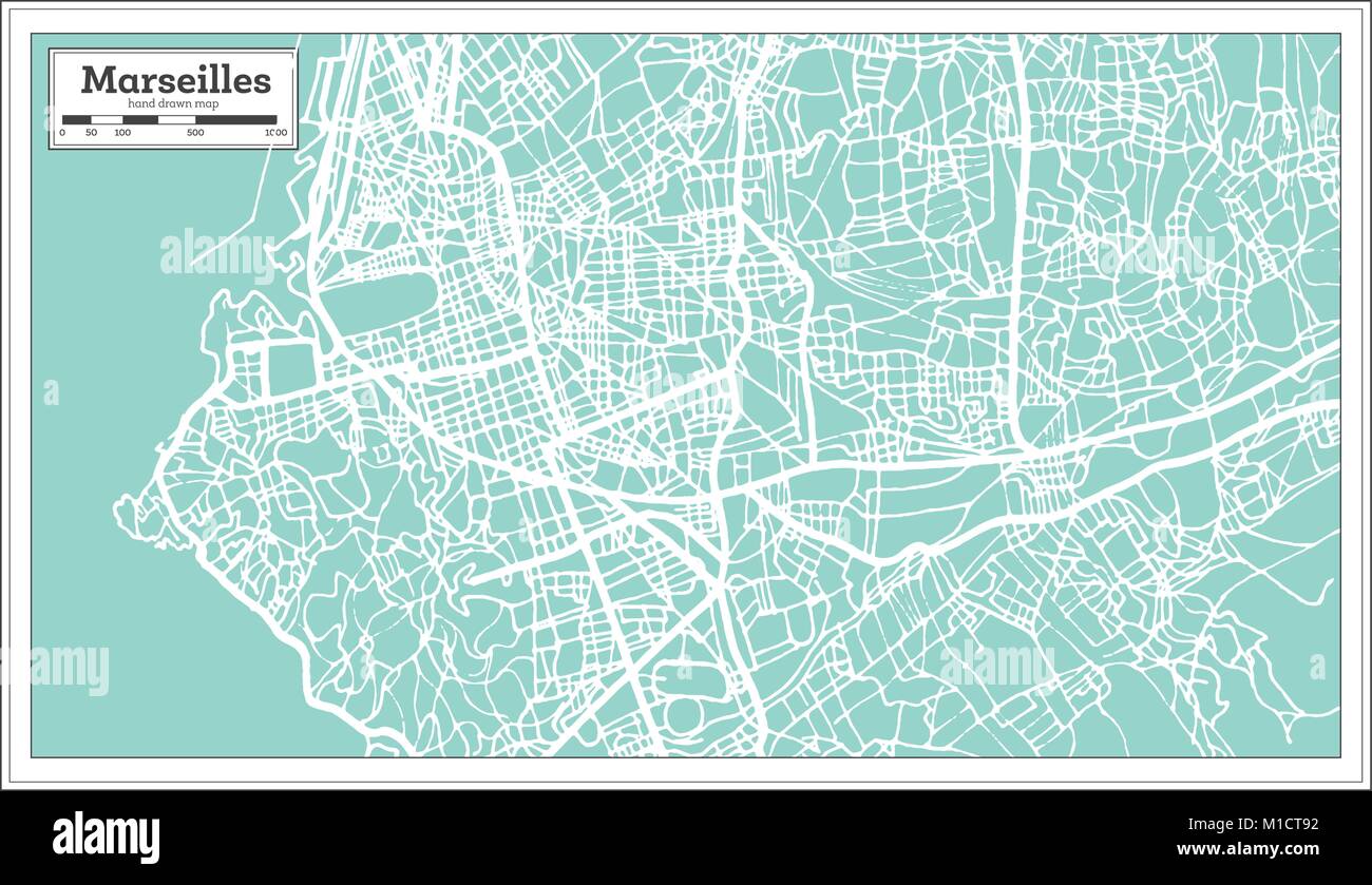 Marsiglia Francia Mappa della città in stile retrò. Mappa di contorno ...
