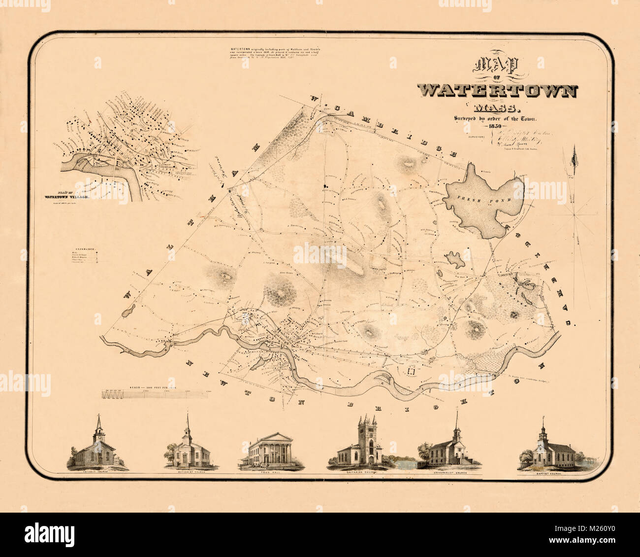 Mappa storica di Watertown, Massachusetts circa 1850 inclusi i nomi dei ...