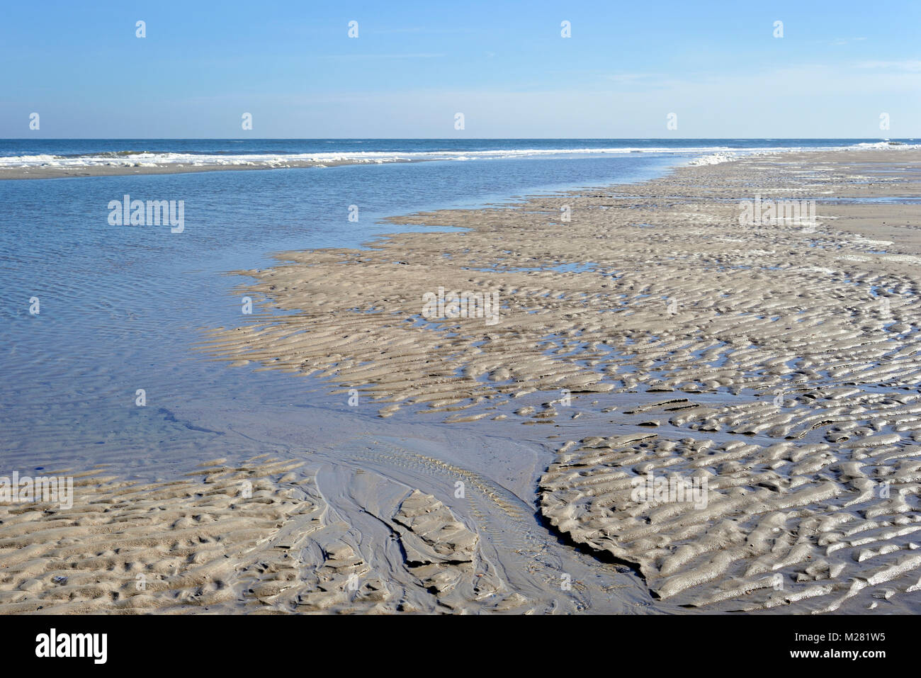 Spiaggia a bassa marea, struttura ondulata, ripple nella sabbia bagnata ...