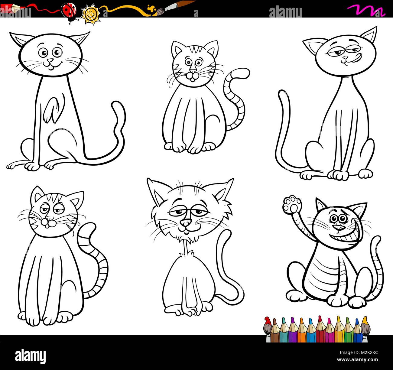 Bianco e Nero Cartoon illustrazione dei gatti divertenti animali Set di ...