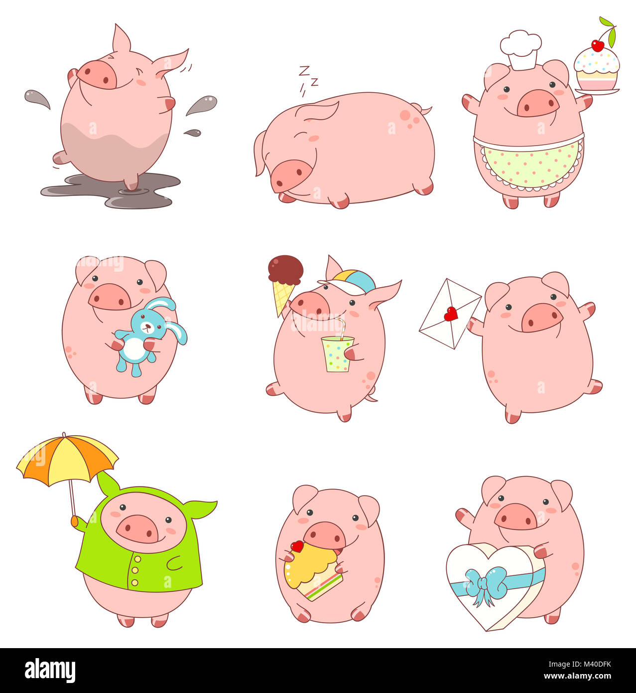 Set di suini carini in stile kawaii. Divertente, felice, ridere ...