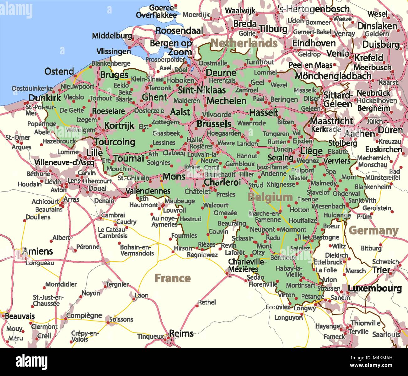 Mappa del Belgio. Mostra i confini, zone urbane, nomi di località e ...