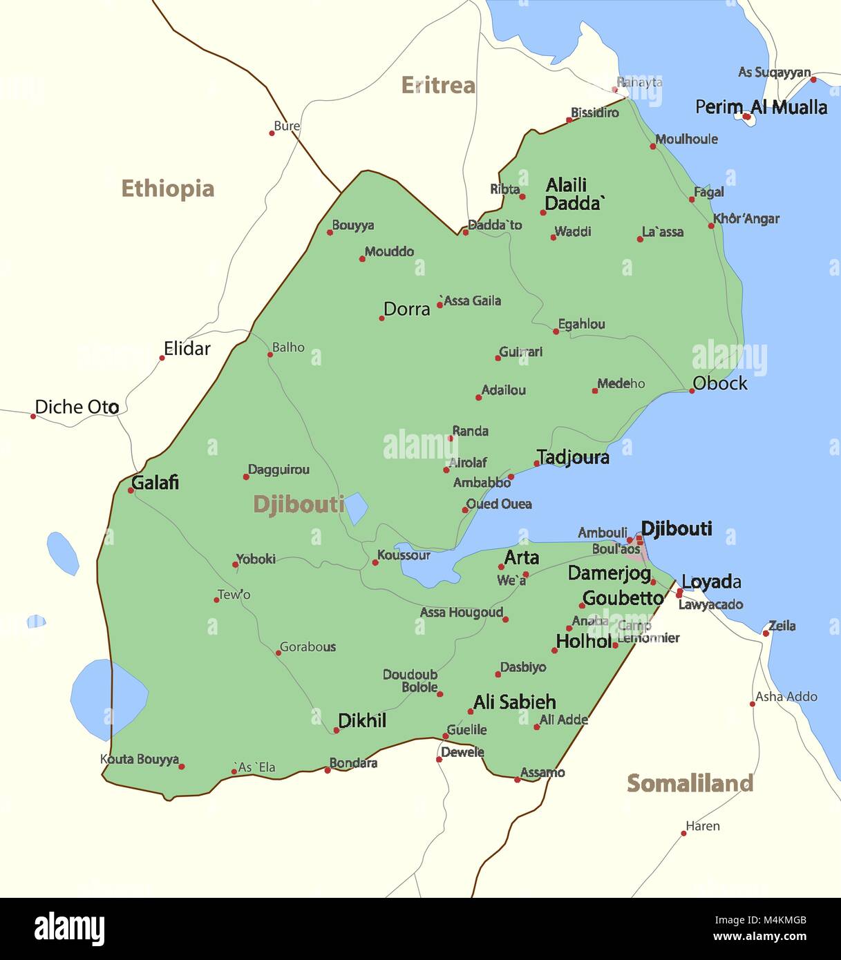 Mappa di Gibuti. Mostra i confini, zone urbane, nomi di località e ...