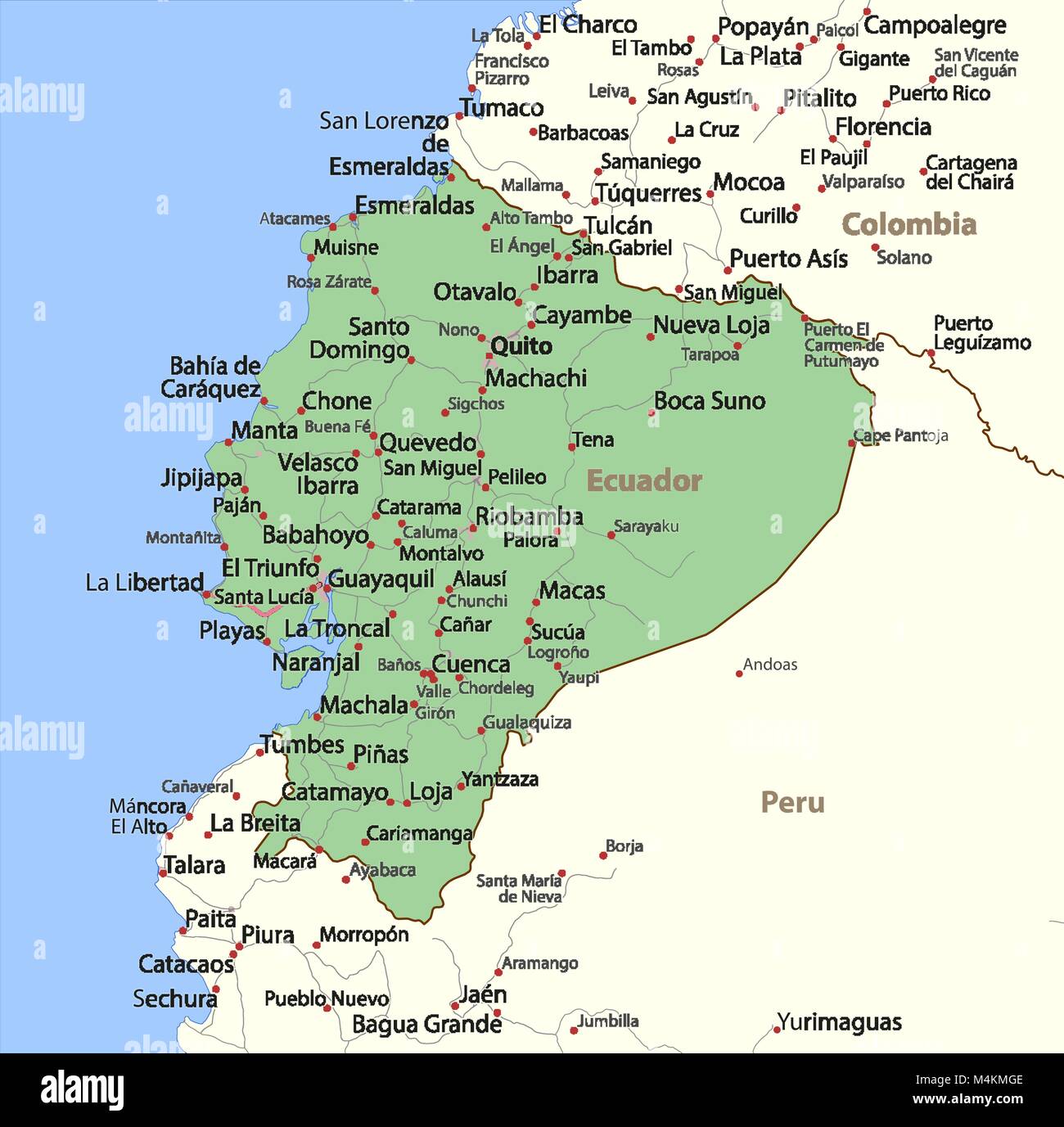 Mappa di Ecuador. Mostra i confini, zone urbane, nomi di località e ...