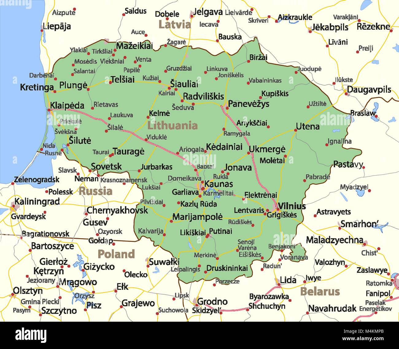 Mappa di Lituania. Mostra i confini, zone urbane, nomi di località e ...