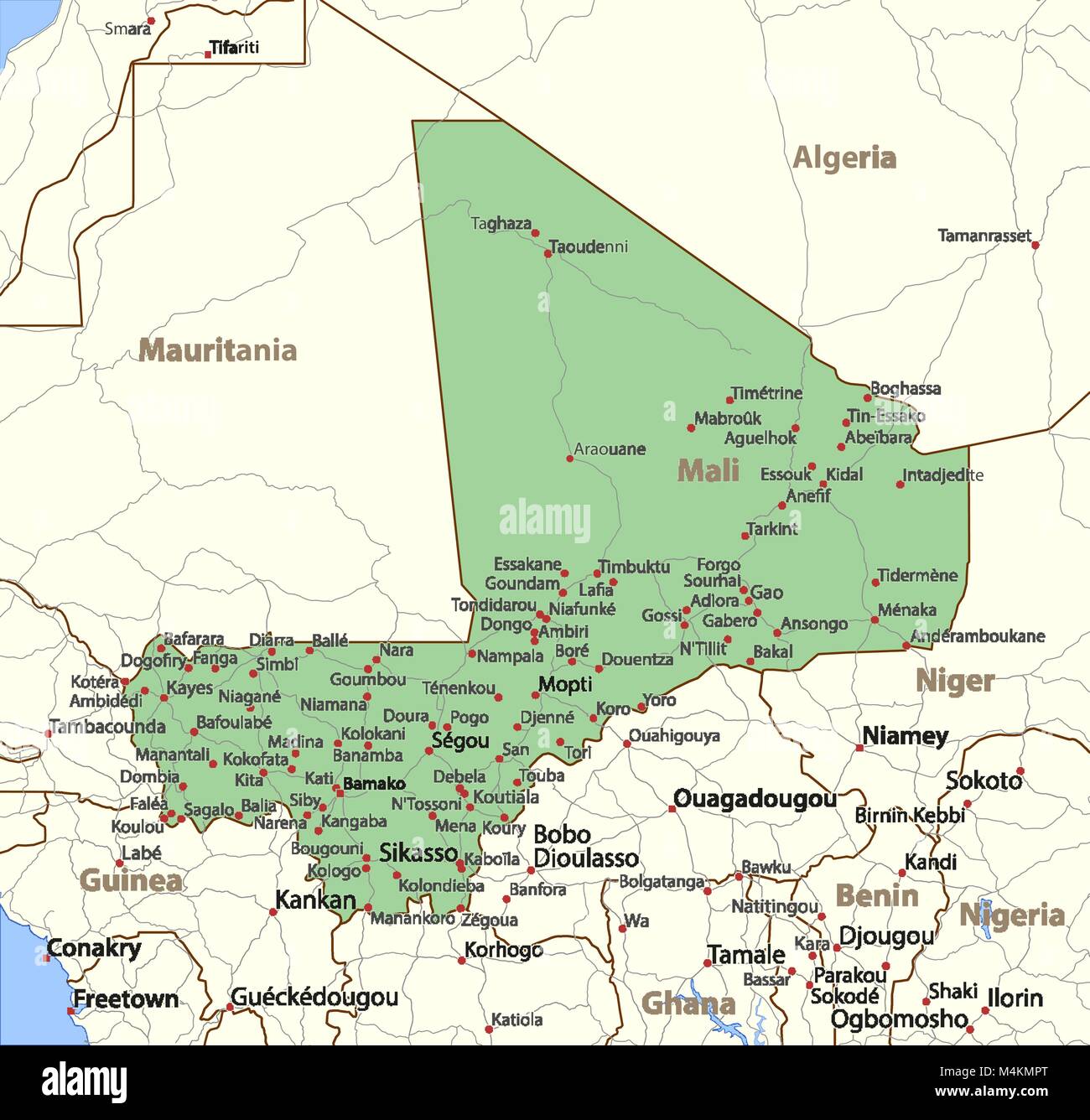 Mappa di Mali. Mostra i confini, nomi di località e strade. Le ...