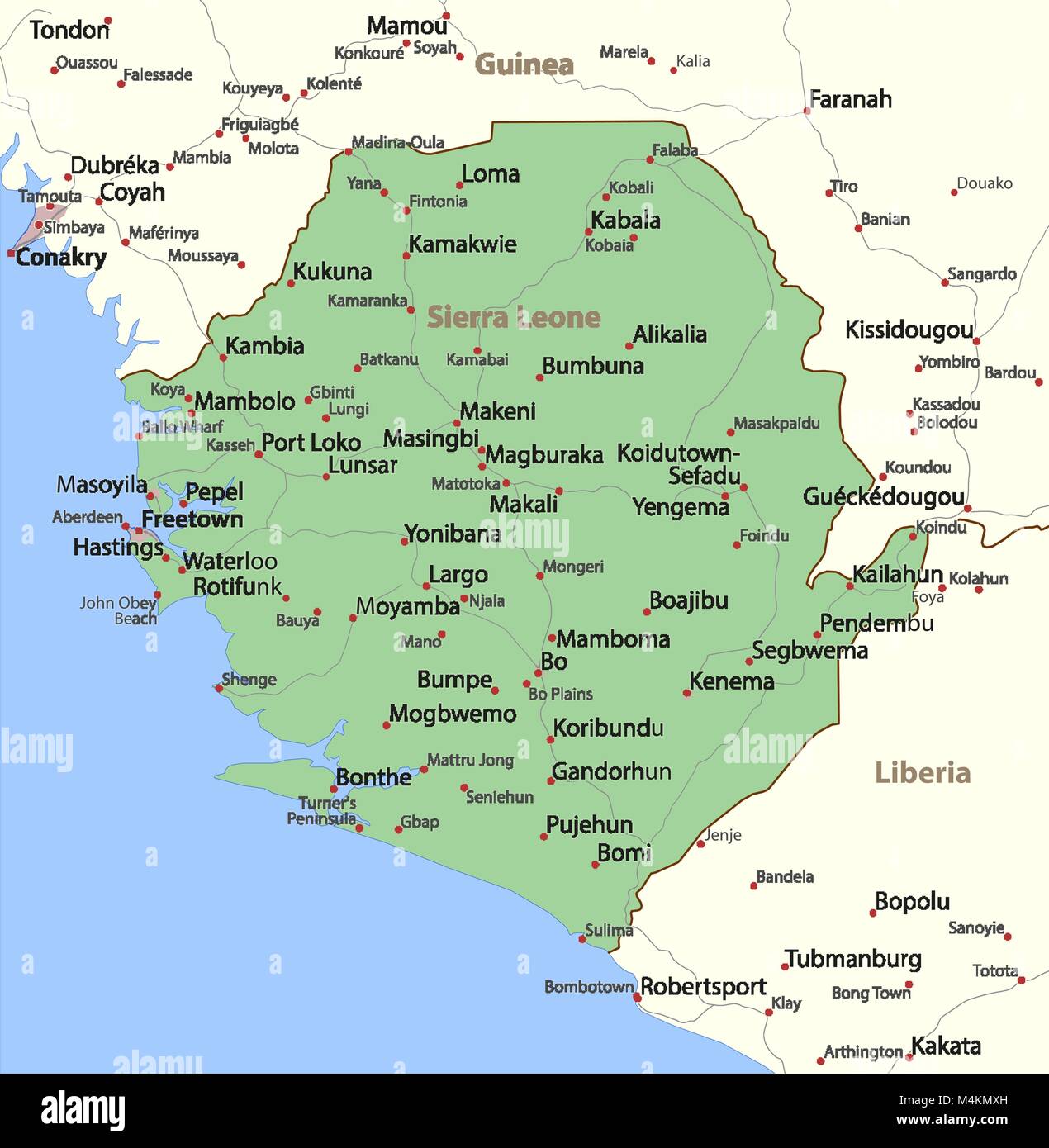 Mappa di Sierra Leone. Mostra i confini, zone urbane, nomi di località ...