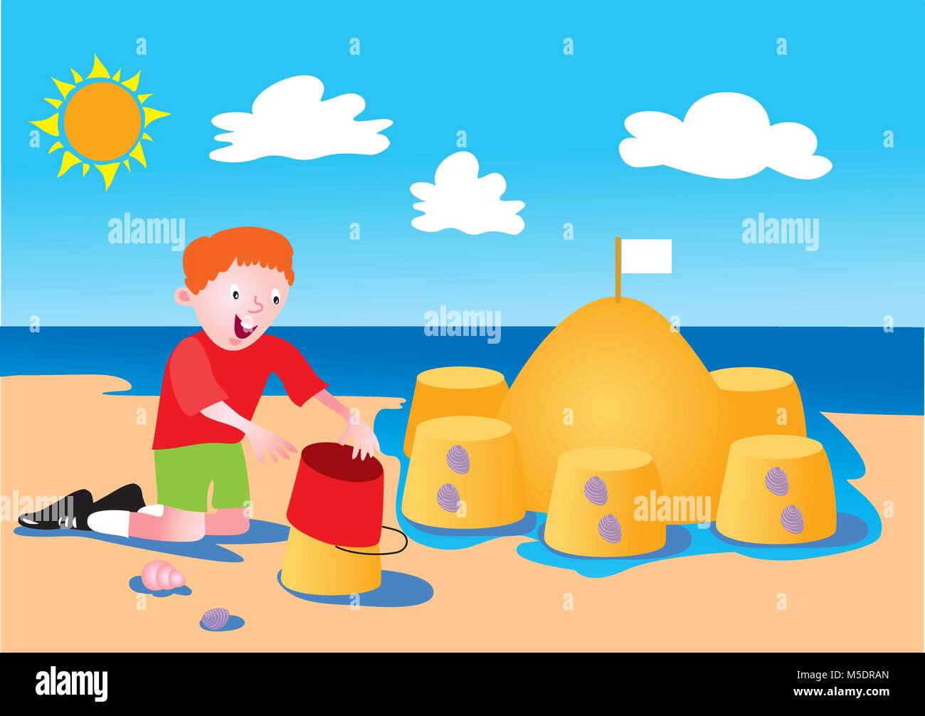 Un cartoon boy costruire un castello di sabbia sulla spiaggia Immagine ...