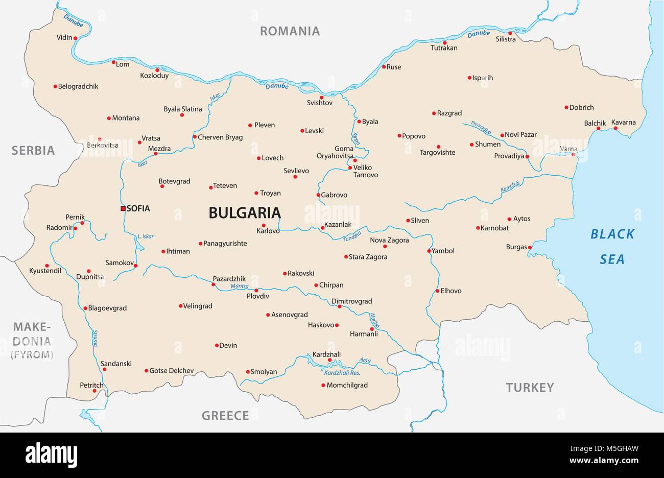 La Bulgaria mappa vettoriale con le principali città e fiumi Immagine e ...