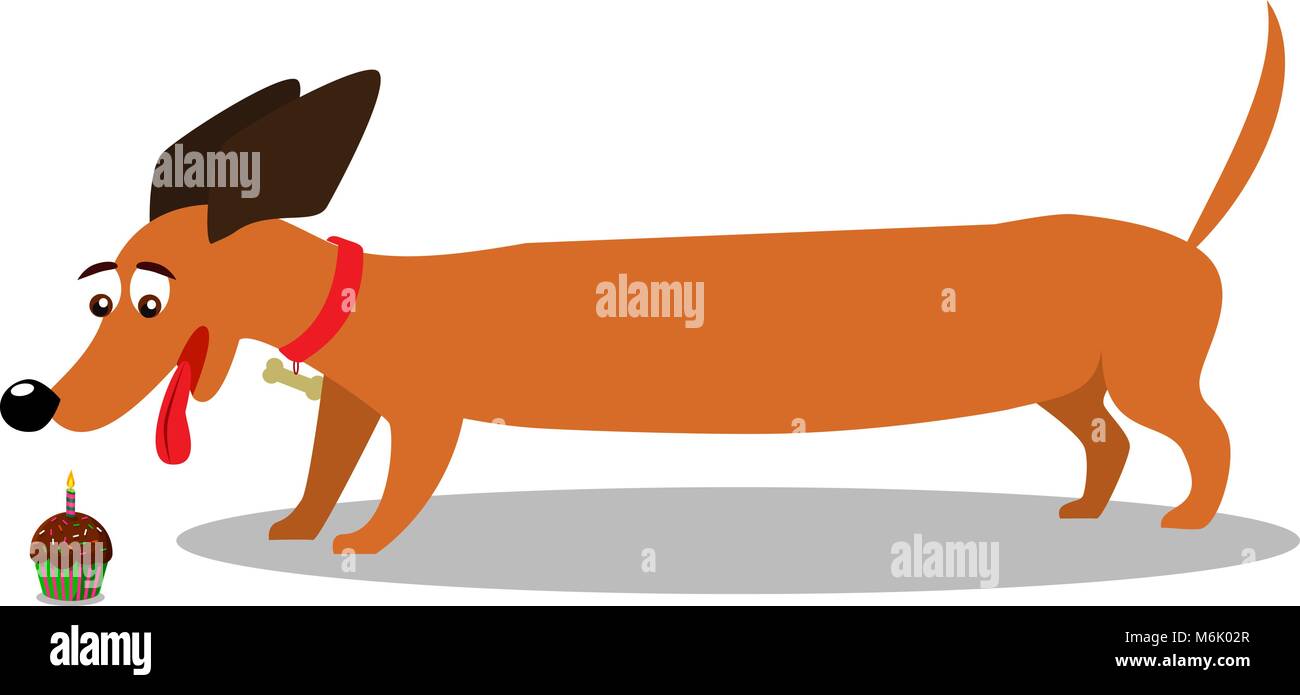 Cartoon carino bassotto a guardare sul cupcake con candela che brucia ...