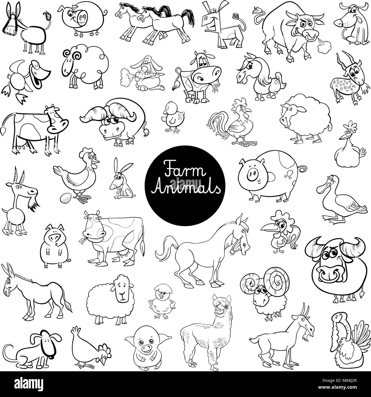 Bianco e Nero Cartoon illustrazione di Funny Farm Animal caratteri Set ...