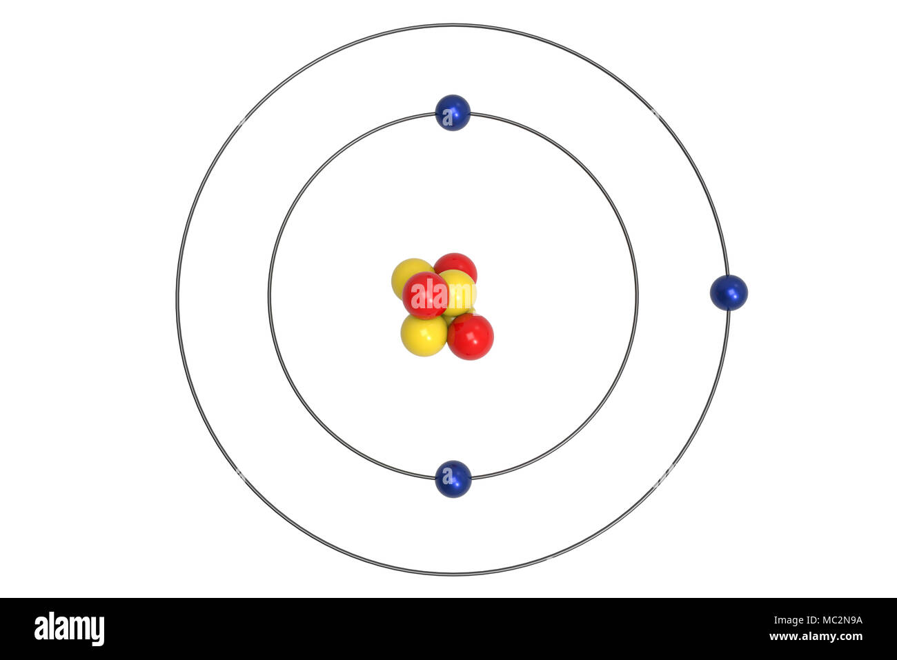 Atomo di litio Bohr modello con protoni, neutroni ed elettroni. 3d ...