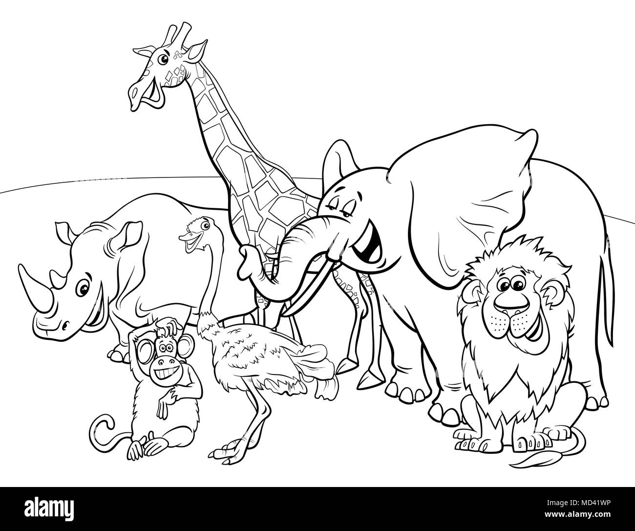 Bianco e Nero Cartoon illustrazione della Wild Safari animale gruppo di ...