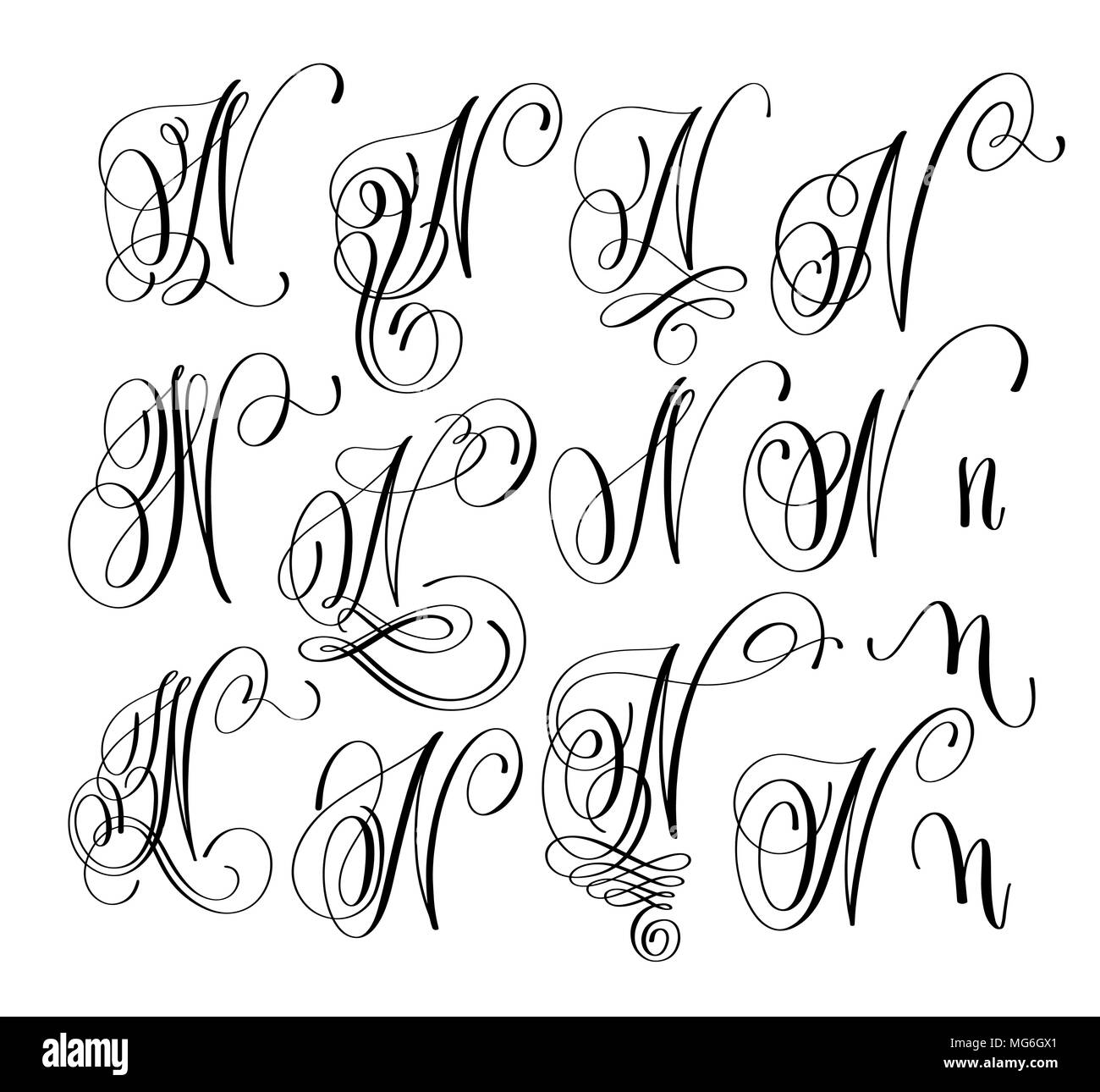 Calligraphy lettering font script set N, scritto a mano Immagine e ...