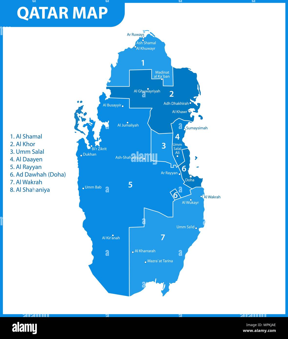 La mappa dettagliata del Qatar con le regioni o gli stati e le città ...