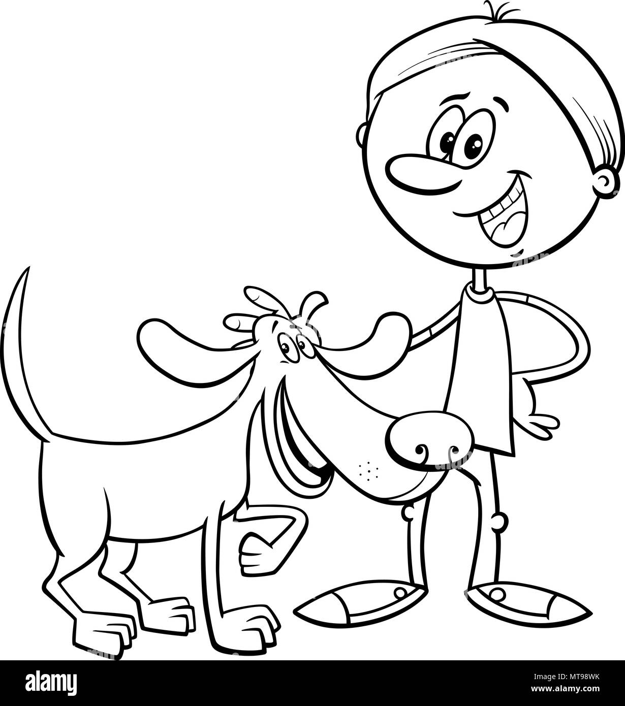 Bianco e Nero Cartoon illustrazione del ragazzo divertente con cane o ...
