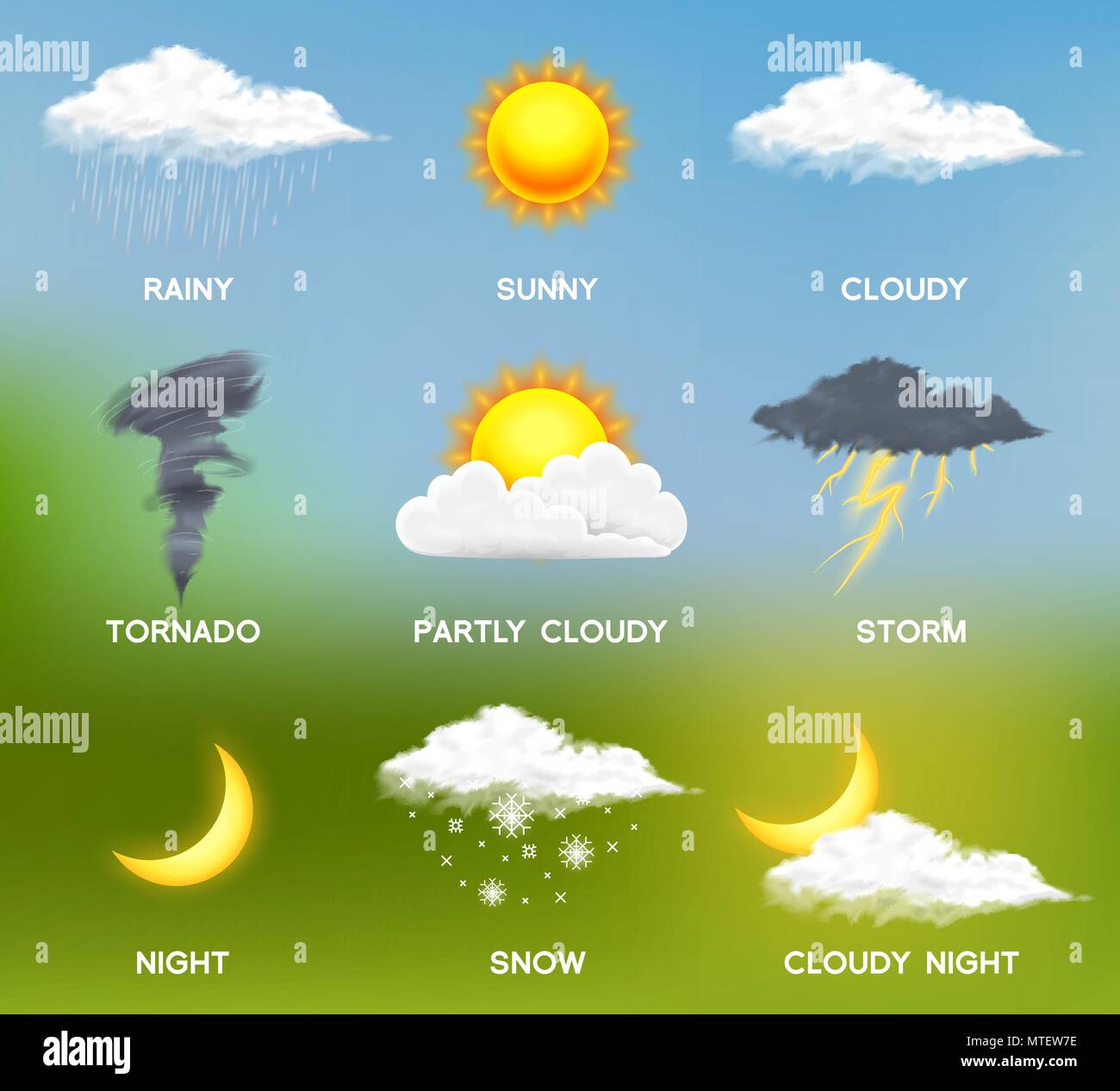 Moderno e realistico icone meteo set. La meteorologia simboli su sfondo ...